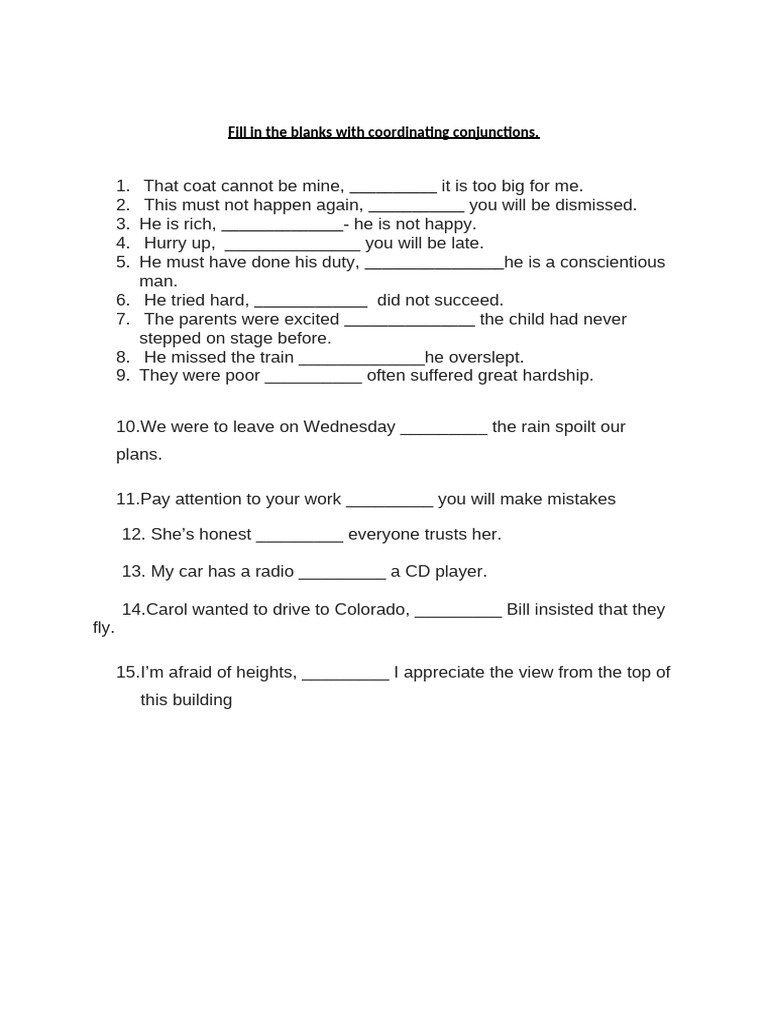 Fill in The Blanks With Coordinating Conjunctions | PDF