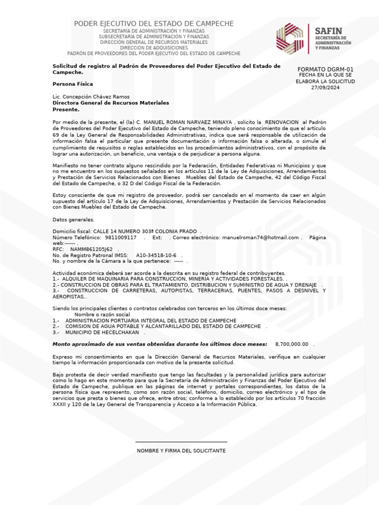 Solicitud de Registro Al Padrón de Proveedores P. FISICA. | PDF | Estado (política) | Campeche