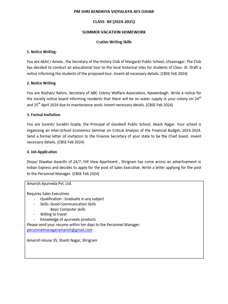 Class - Xii 2024-25 Summer Vacation HHW | PDF