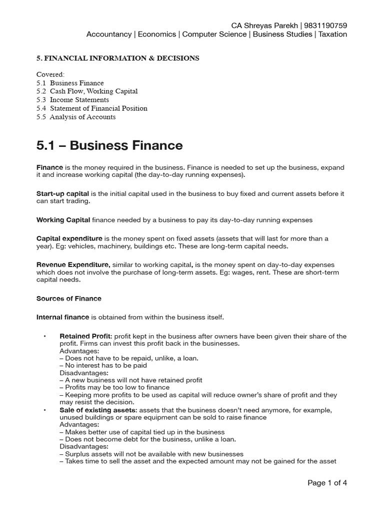10 IGCSE BST - 5. Finance Notes Merged | PDF