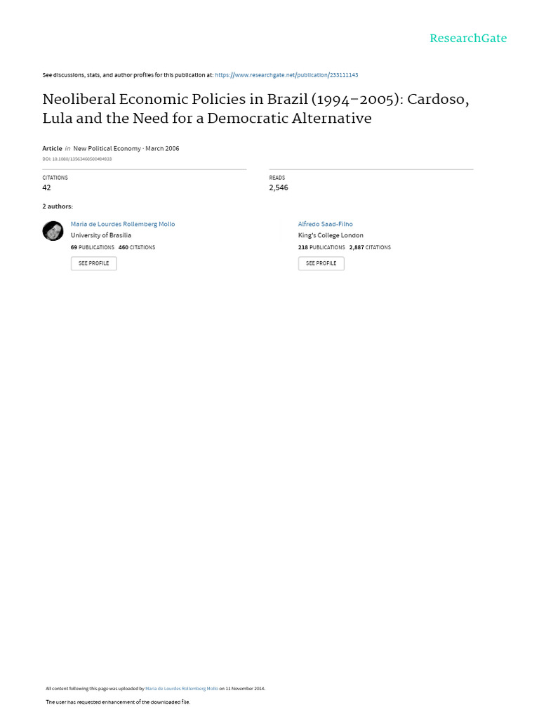 NPE Saad FilhoeMollo Neoliberalism | PDF