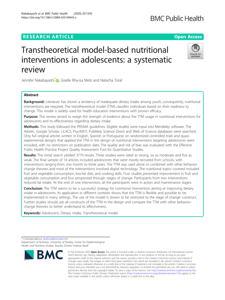 Transtheoretical Model-Based Nutritional Interventions in Adolescents: A Systematic Review | PDF