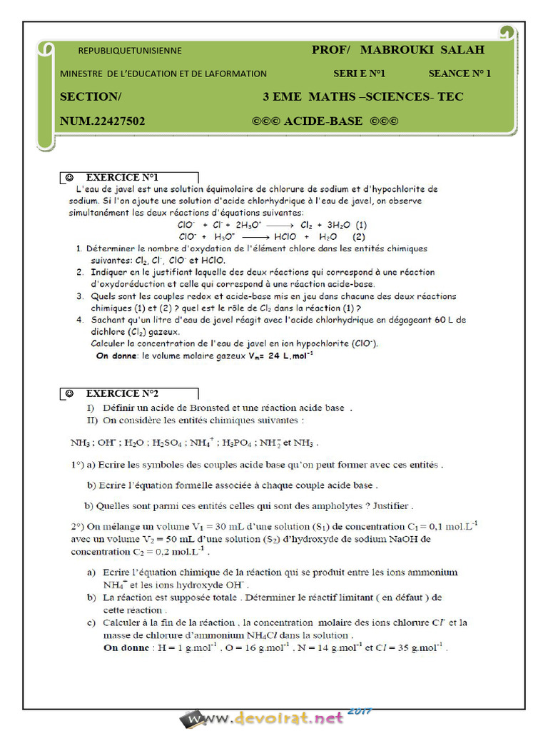 Serie D'exercices N1 Lycee Pilote - Sciences Physiques - ACIDE-BASE - 3eme Sciences Exp (2016 ...