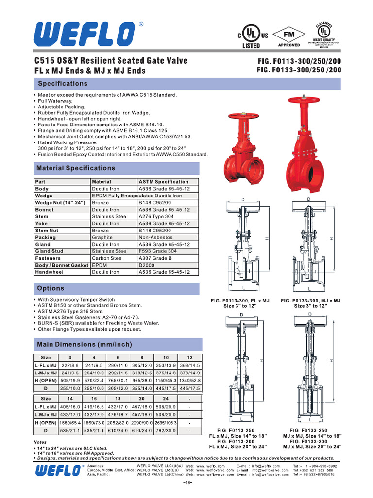 C515 OS&Y Resilient Seated Gate Valve, FL X MJ Ends &MJ X MJ Ends FIG ...