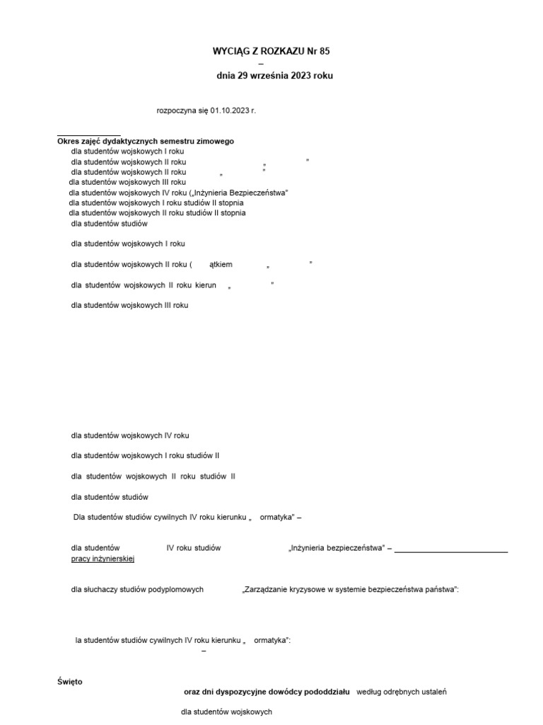 Organizacja Roku Akademickiego 2023-2024 | PDF