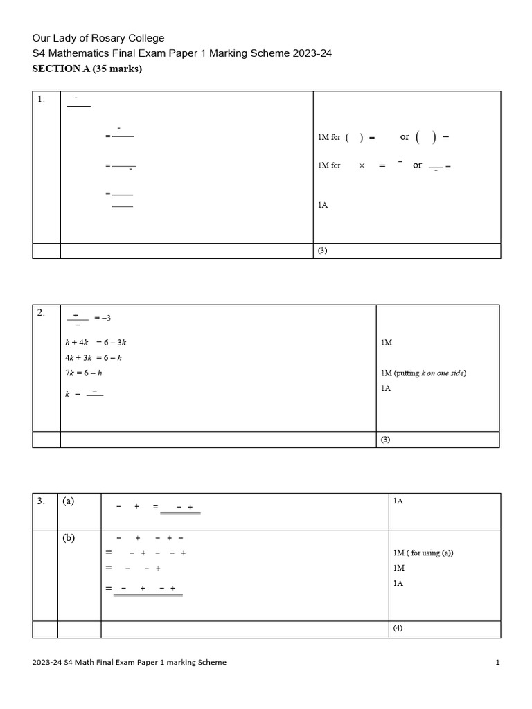 2023-2024 S4 MATH Final Exam P1 Marking Scheme | PDF