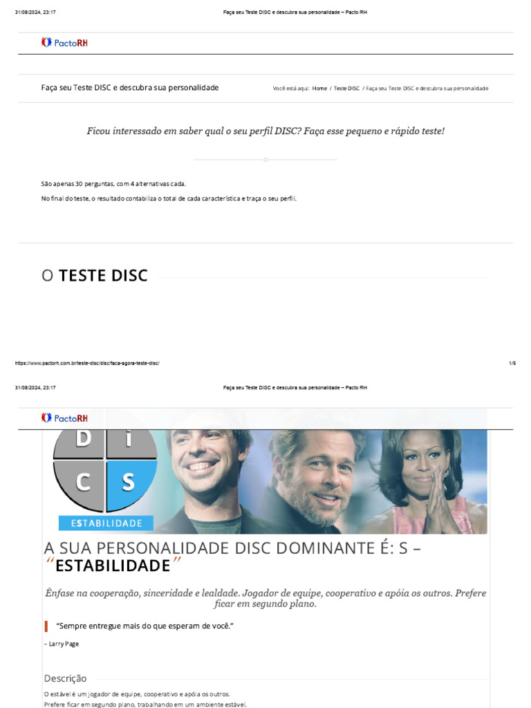 Faça Seu Teste DISC e Descubra Sua Personalidade - ESTABILIDADE | PDF