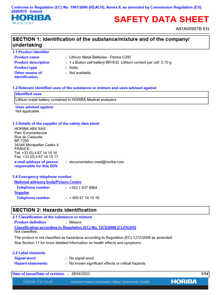 A91a00907ben Lithium Metal Battery Pentra c200 | PDF