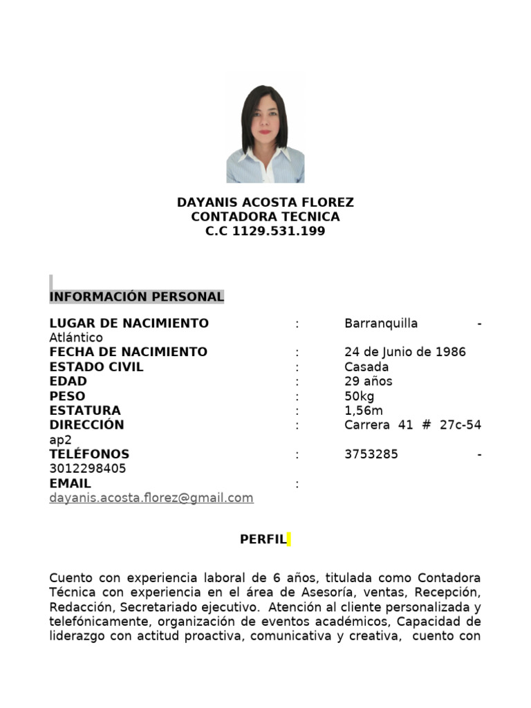 Curriculum Vitae Dayanis Acosta Florez | PDF