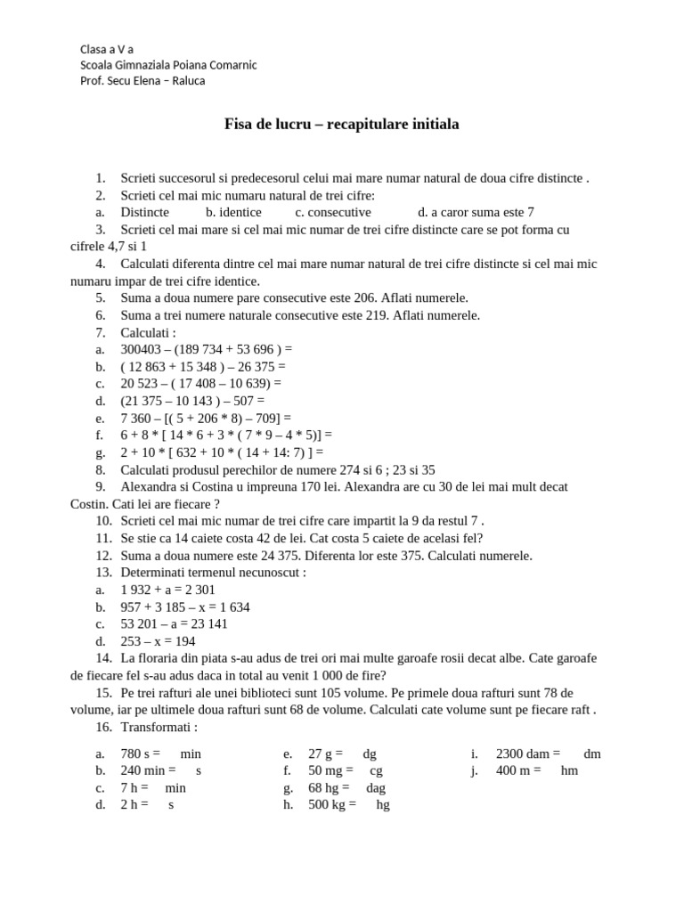 Recap Initiala Clasa A 5 A | PDF