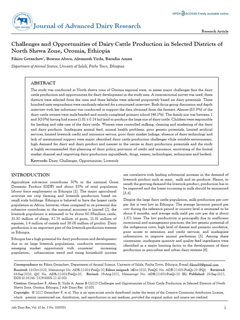 Challenges and Opportunities of Dairy Cattle Production in The Selected ...