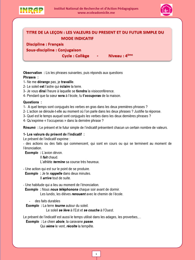 Fran - Les Valeurs de Limparfait Et Du Passe Simple Du Mode Indicatif | PDF