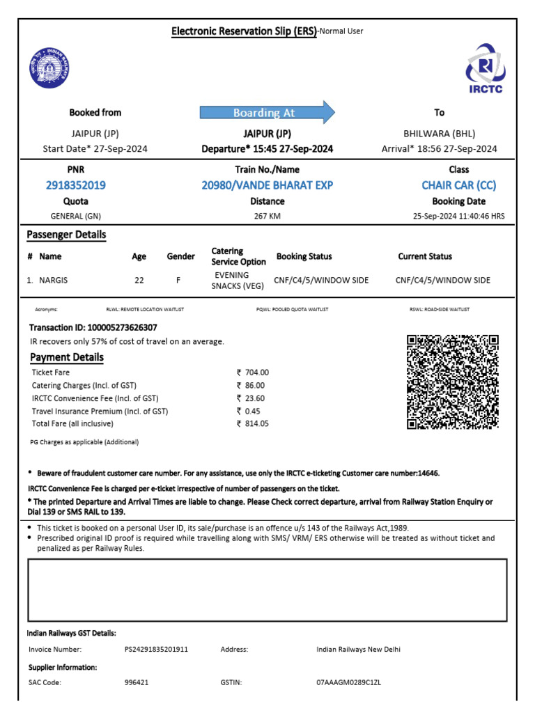 20980/vande Bharat Exp Chair Car (CC) | PDF