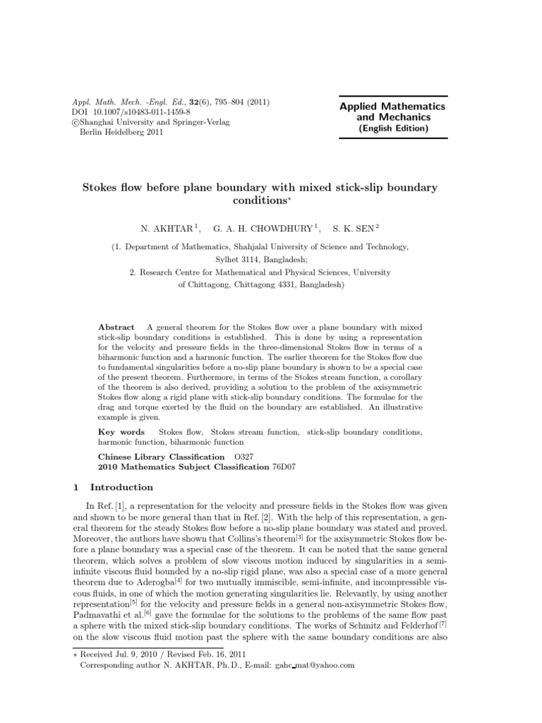 Stokes Flow Before Plane Boundary With Mixed Stick-Slip Boundary Conditions | PDF | Navier ...