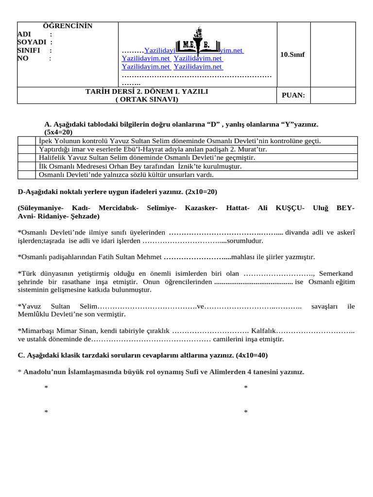 10 Sinif Tarih 2 Donem 1 Yazili 7 | PDF