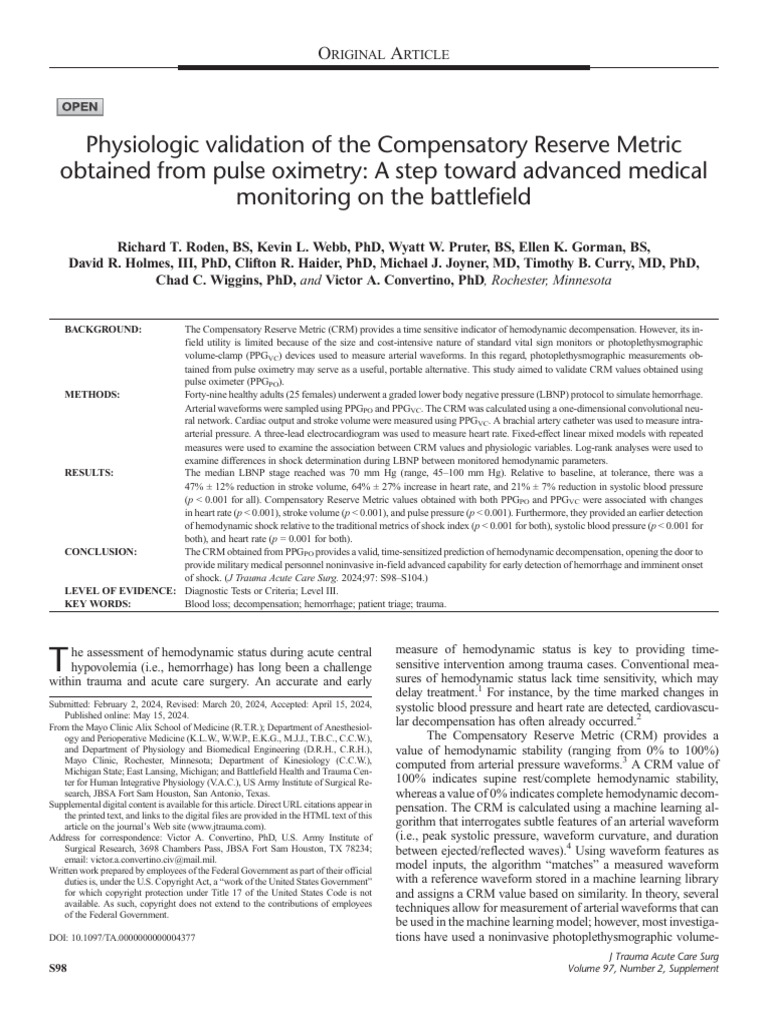Physiologic Validation of The Compensatory Reserve.18 | PDF | Blood ...