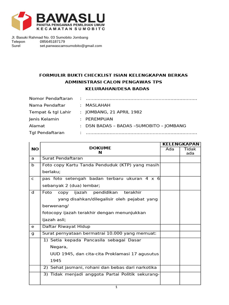 Formulir Checklist Kelengkapan Calon PTPS | PDF
