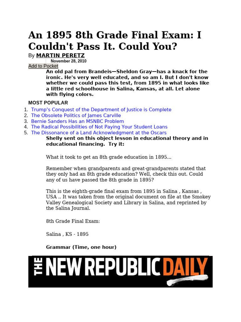 An 1895 8th Grade Final Exam | PDF