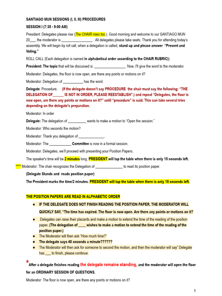 MUN SESSION PROCEDURES Nov. 2023 | PDF