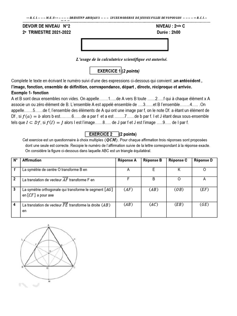 Devoir de Niveau 2C N°02 2021-2022 Lmjfy | PDF