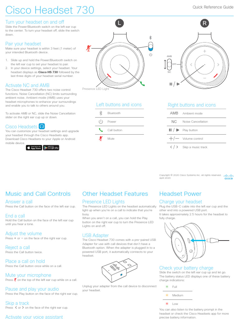 Cisco Headset 730 Quick Reference Guide | PDF