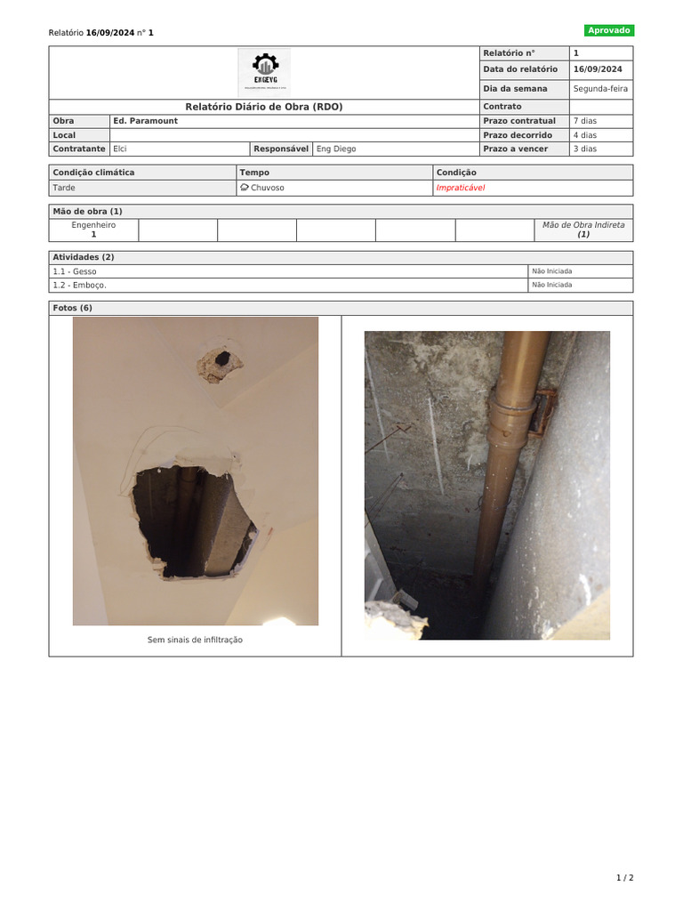 RELATORIO DIARIO DE OBRA (RDO) N 1 16-09-2024 | PDF