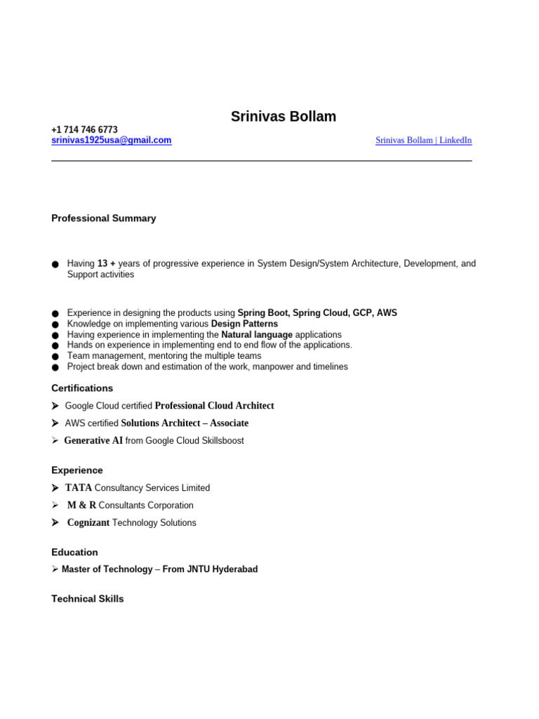 Java - Cloud Architect - Srinivas - Resume | PDF