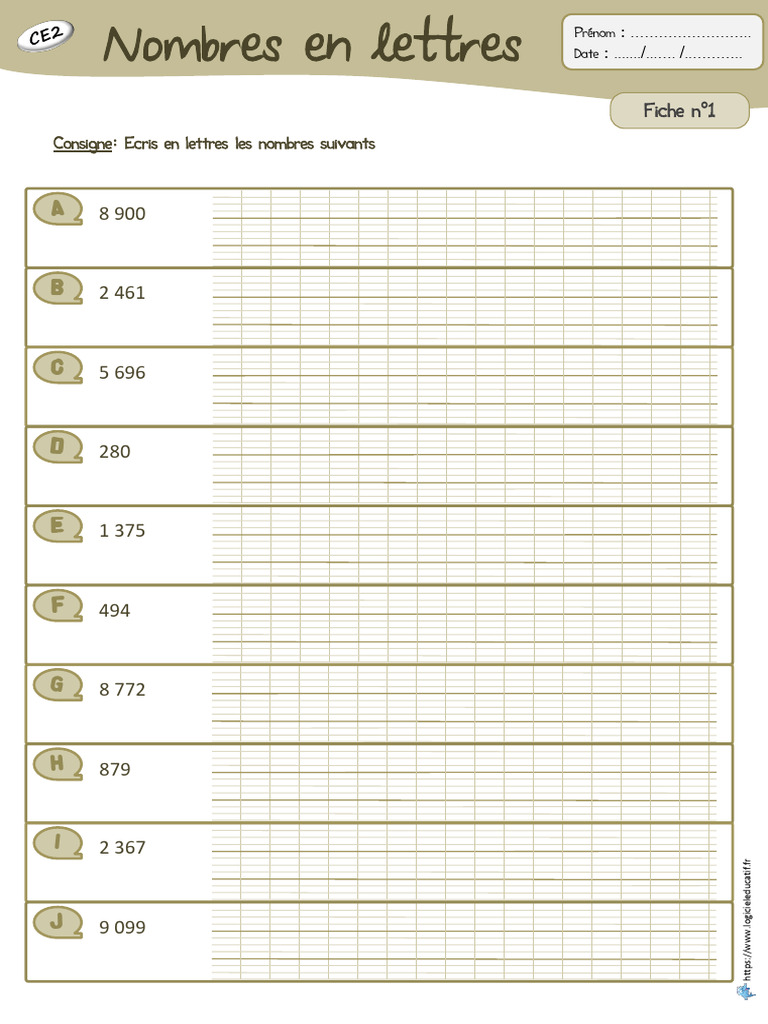 Nombres en Lettres Ce2 Fiche 01 | PDF