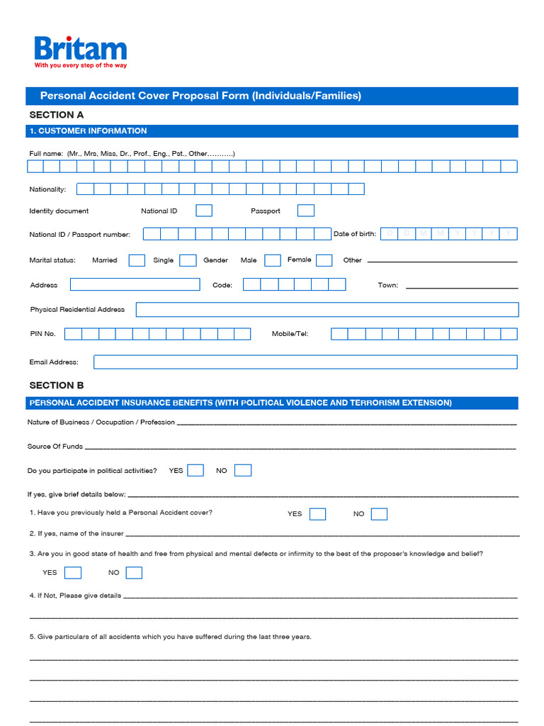Individual Personal Accident Proposal Form (For Families) | PDF