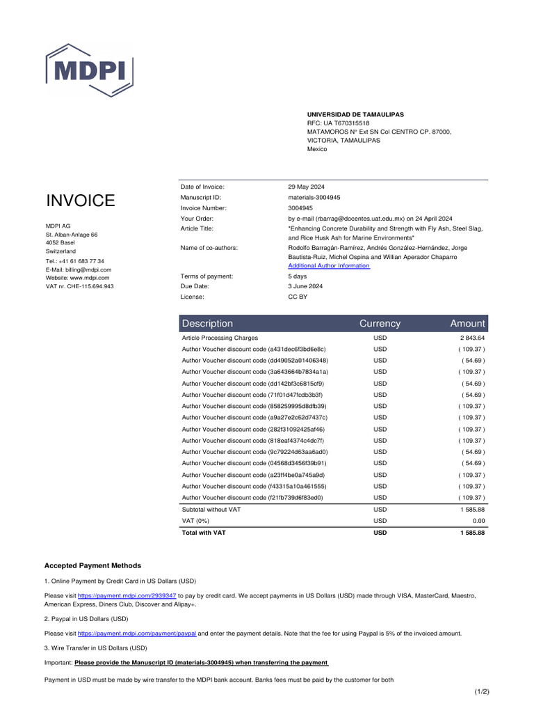 Invoice MDPI Materials-3004945 1585.88USD | PDF
