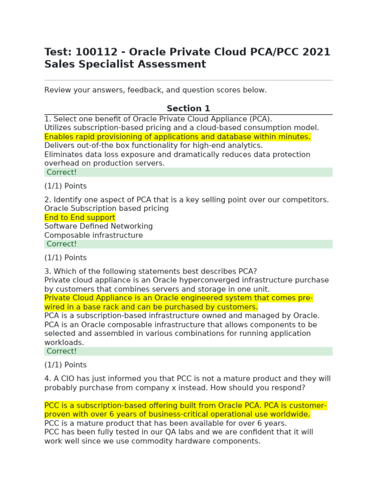 Oracle Private Cloud Pca Pcc 2021 Sales Specialist Assessment Pdf