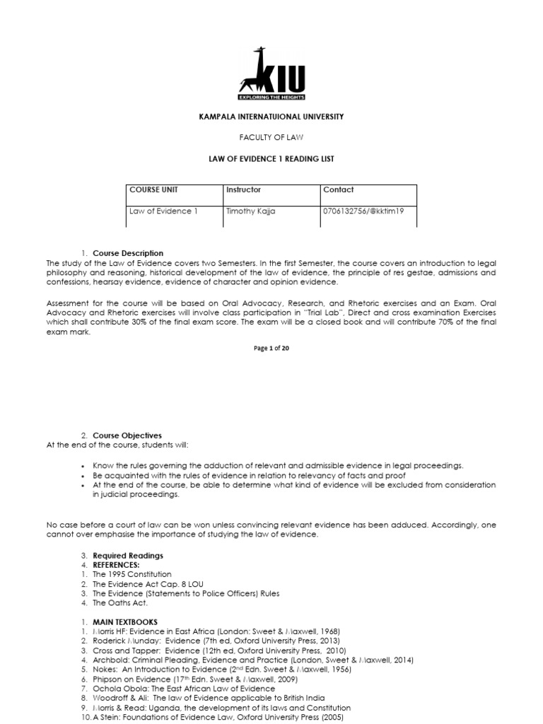KIU EVIDENCE Reading List - TK 2024 Aug | PDF | Evidence (Law) | Hearsay