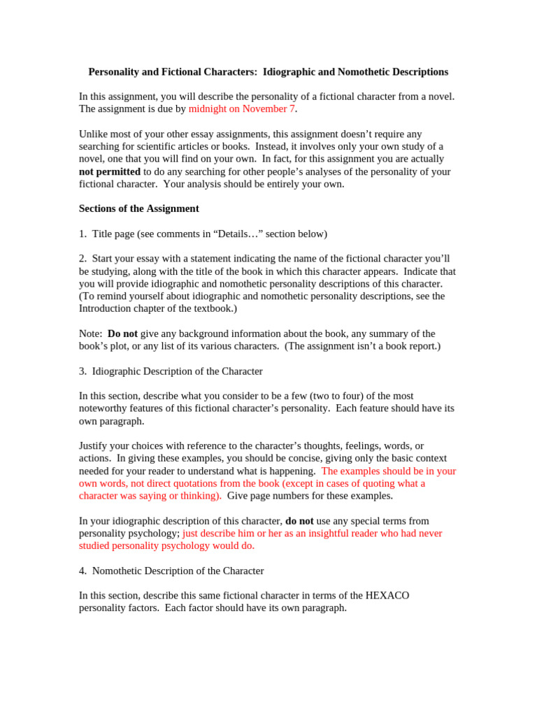 Essay Assignment Fictional Characters F2024 | PDF