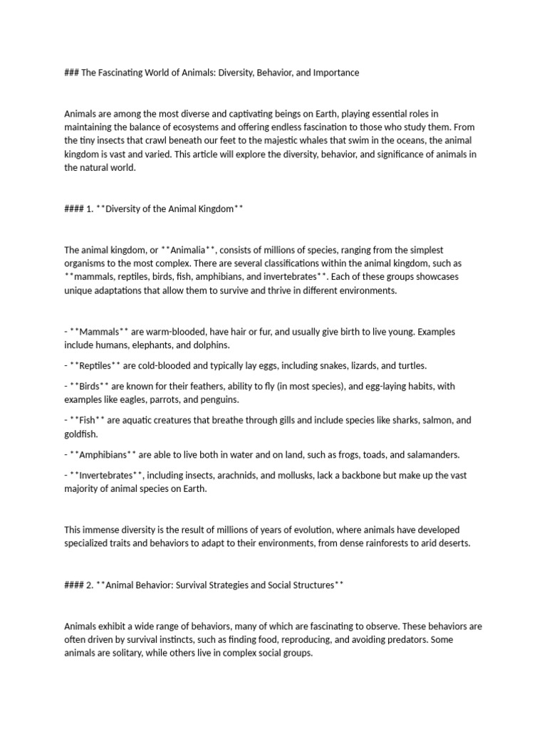 The Fascinating World of Animals Diversity, Behavior, and Importance | PDF