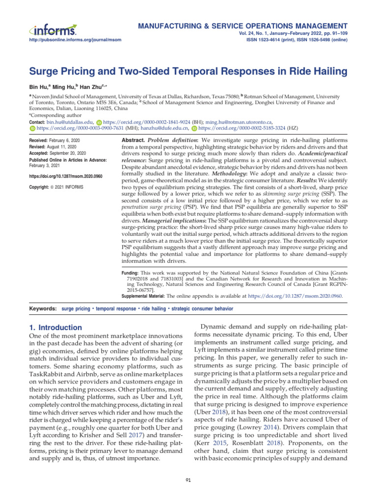 Surge Pricing and Two-Sided Temporal Responses in Ride Hailing | PDF