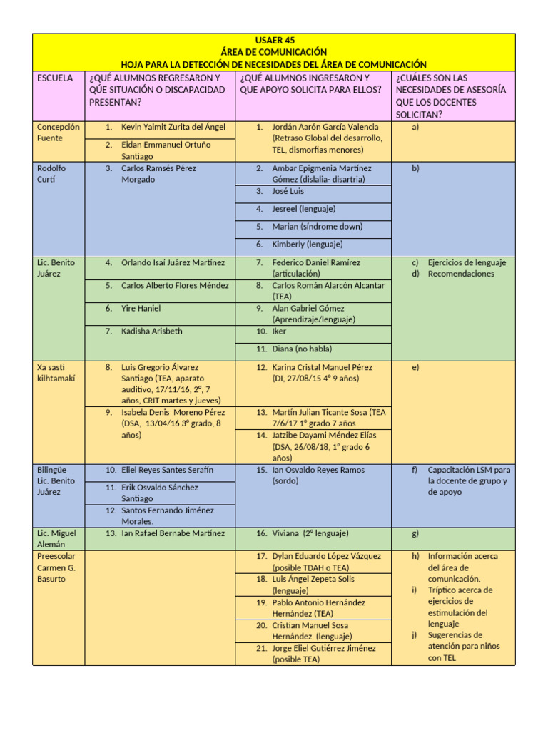 Hoja Necesidades Inicio Ciclo | PDF