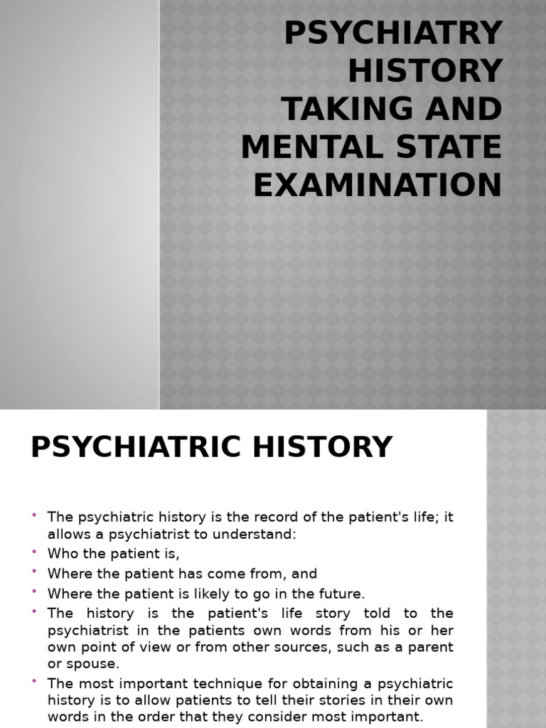 Psychiatry History Taking and Mental State Examination | PDF
