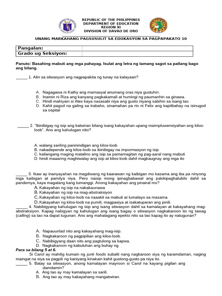 EsP 10 TQ - Q1 | PDF