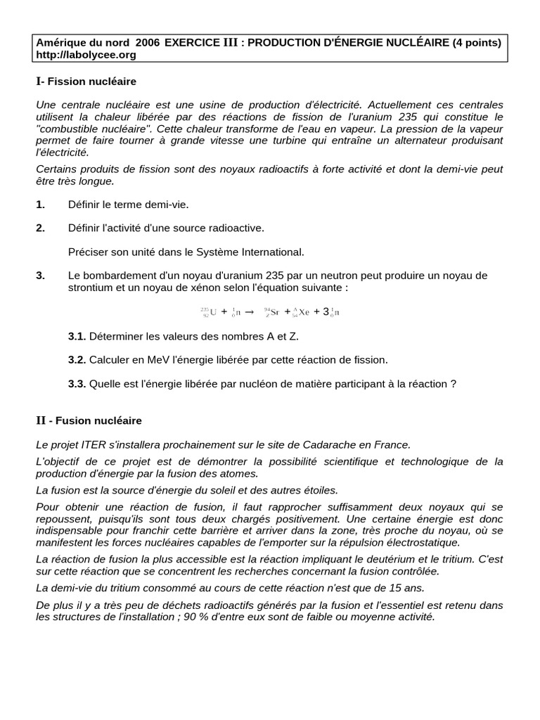 2006 USA Exo3 Sujet Nucleaire 4pts | PDF