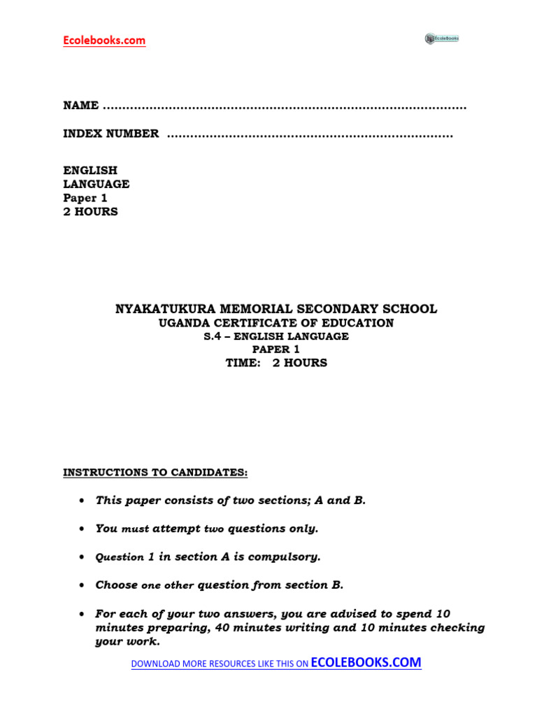 English P1 Past Paper - UCE S.4 | PDF | Home & Garden