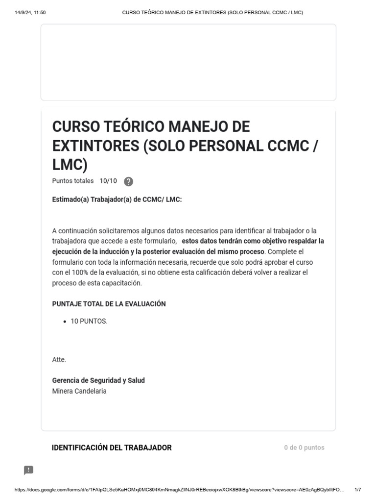Prueba Curso Teórico Manejo de Extintores (Solo Personal CCMC - LMC) | PDF