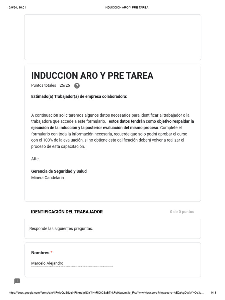 Prueba Induccion Aro y Pre Tarea | PDF