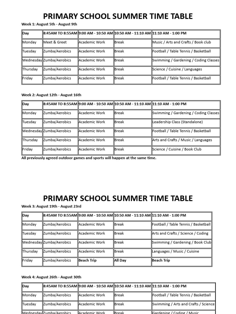 Primary School Summer Time Table | PDF | Language Arts & Discipline | Art