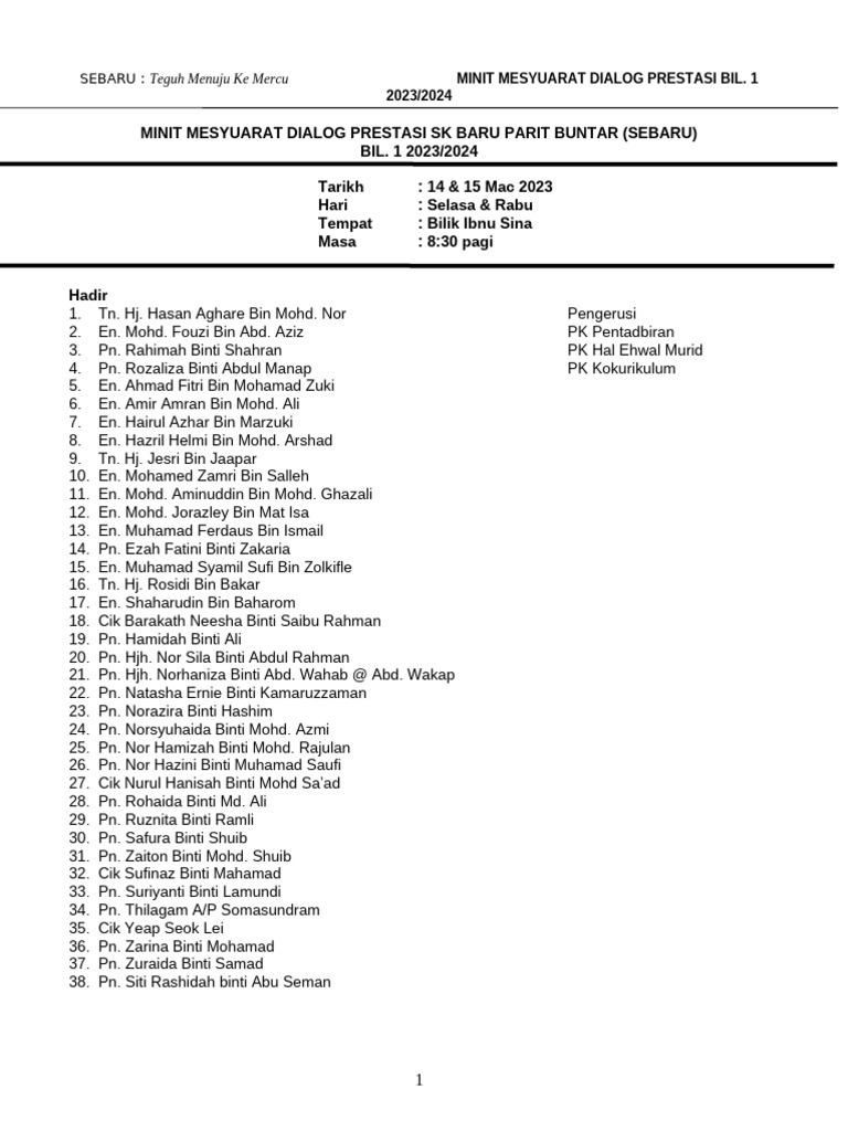 Minit Mesyuarat Dialog Prestasi Bil. 1 2023-2024 | PDF