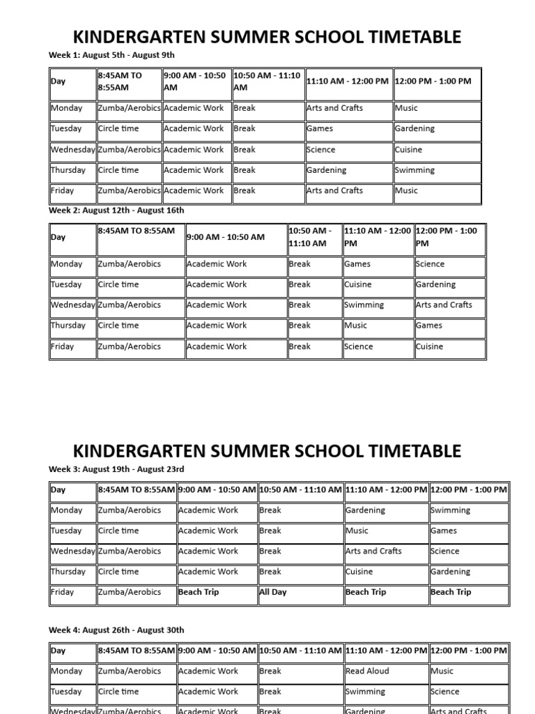 Kindergarten Summer School Schedule | PDF
