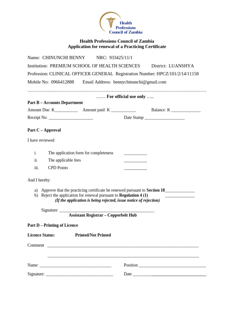 Renewal Form - Practicing Certificate | PDF