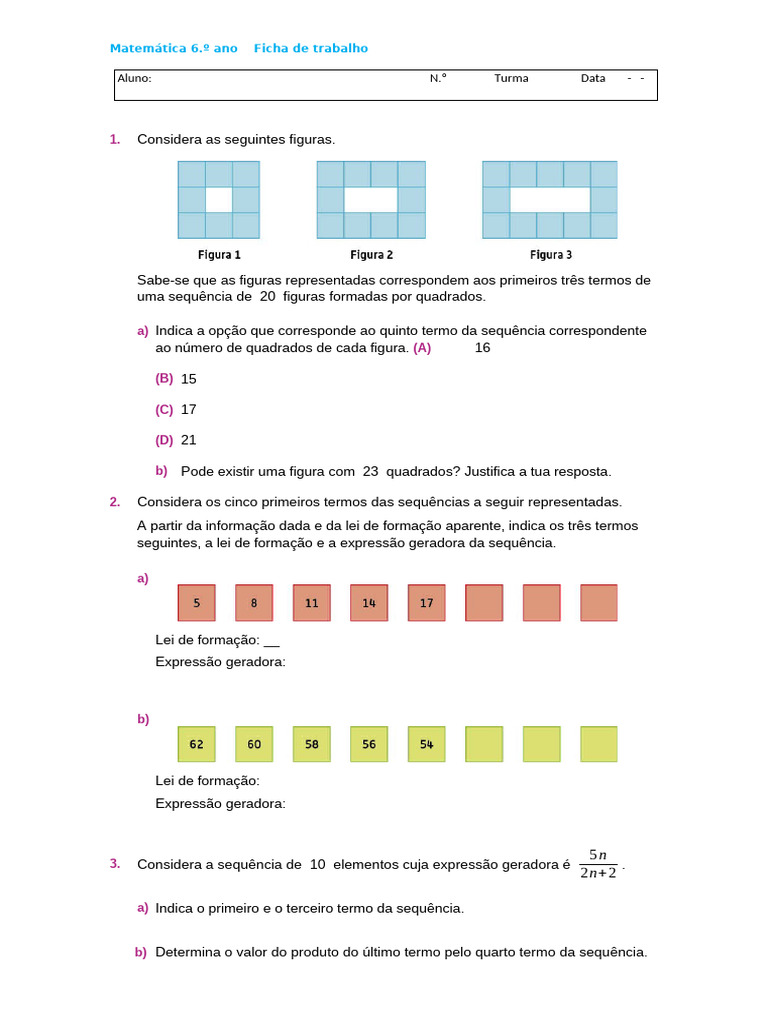 Ficha de Trabalho Sequências e Regularidades | PDF