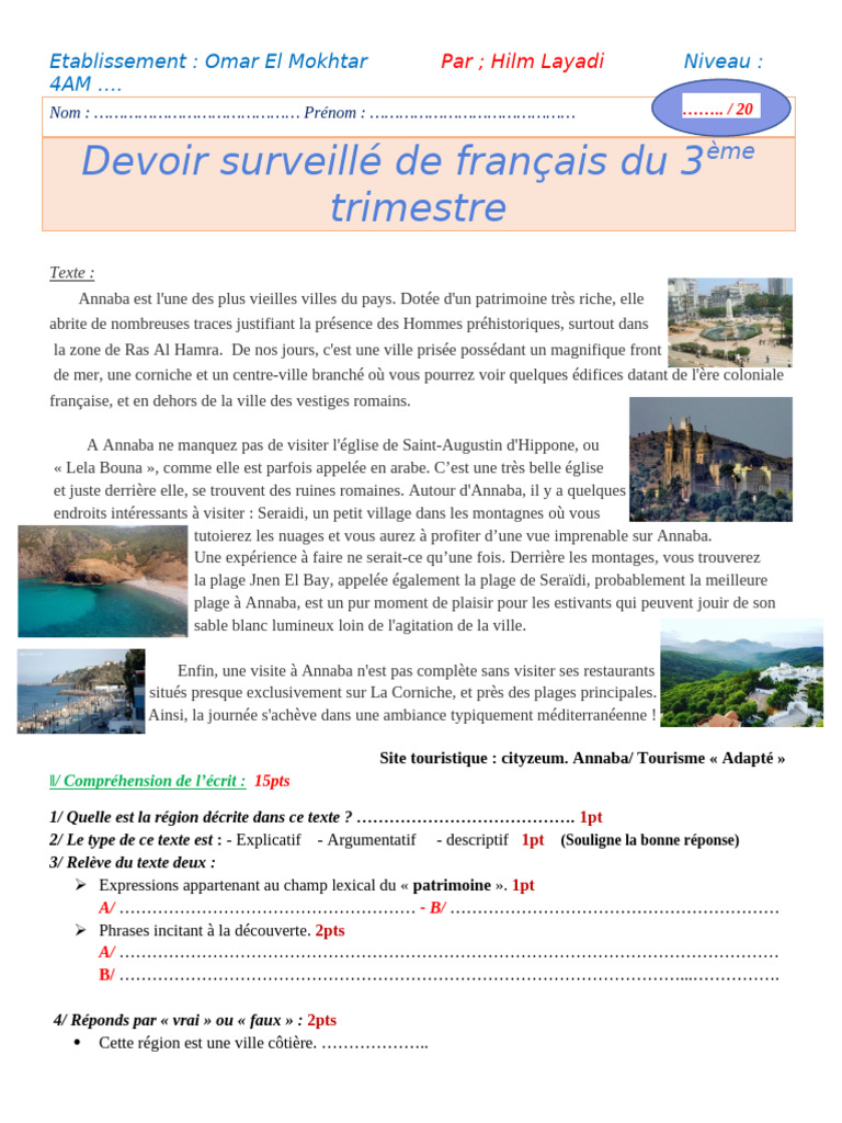 4AM-ANNABA-DEVOIR-surveillé Du-3-Ème Trimestre. Hilm Layadi | PDF