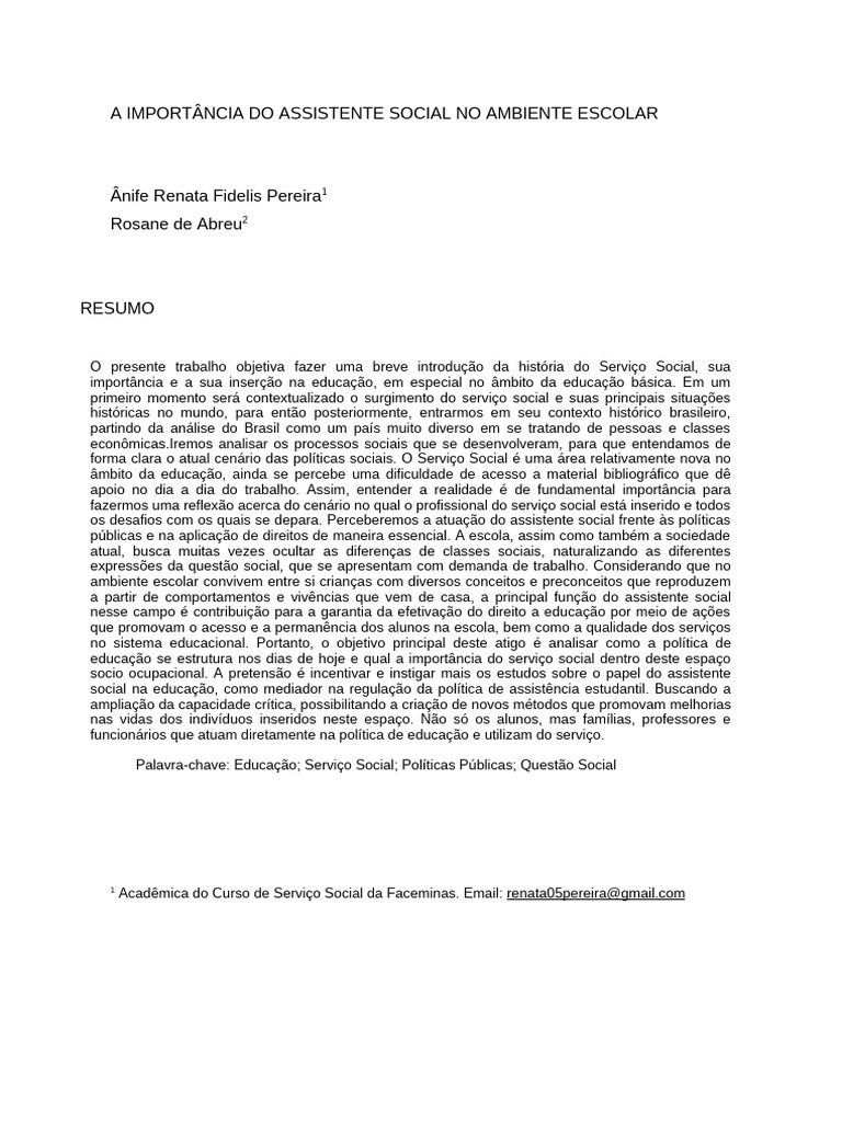 Assistente Social na Educação Escolar | PDF | Trabalho social | Sociologia