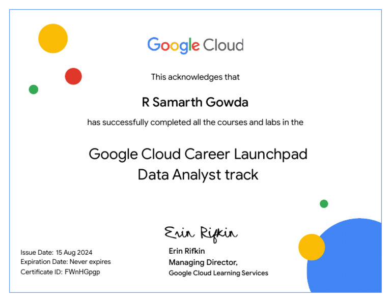 Google Cloud Career Launchpad Certificate - FWNHGPGP - R Samarth Gowda | PDF